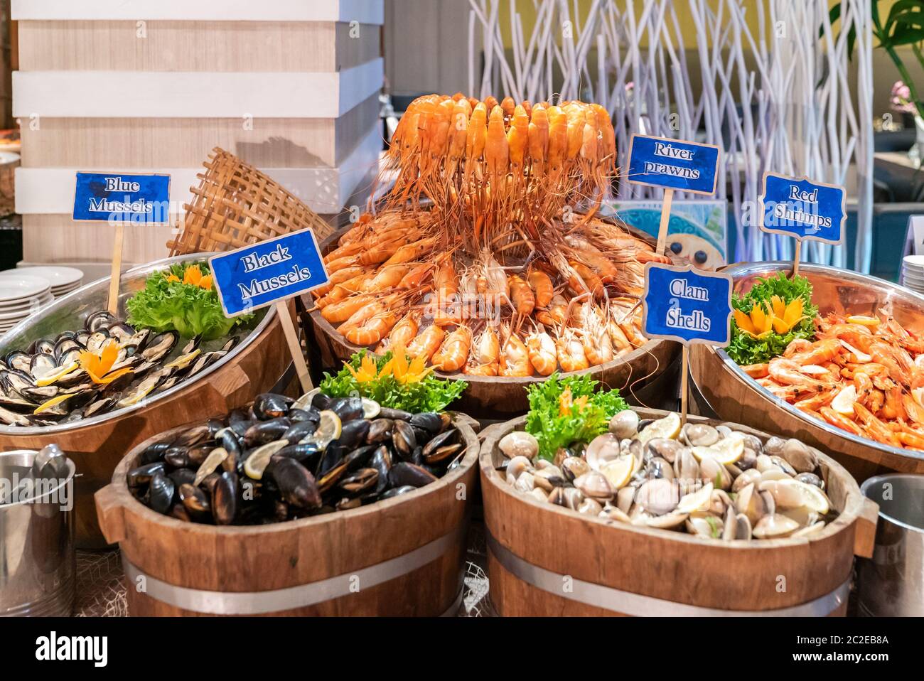 Variety of Seafood on ice buffet bar Stock Photo - Alamy
