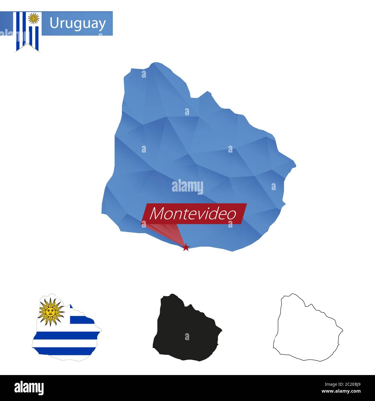 Uruguay blue Low Poly map with capital Montevideo, four versions of map ...
