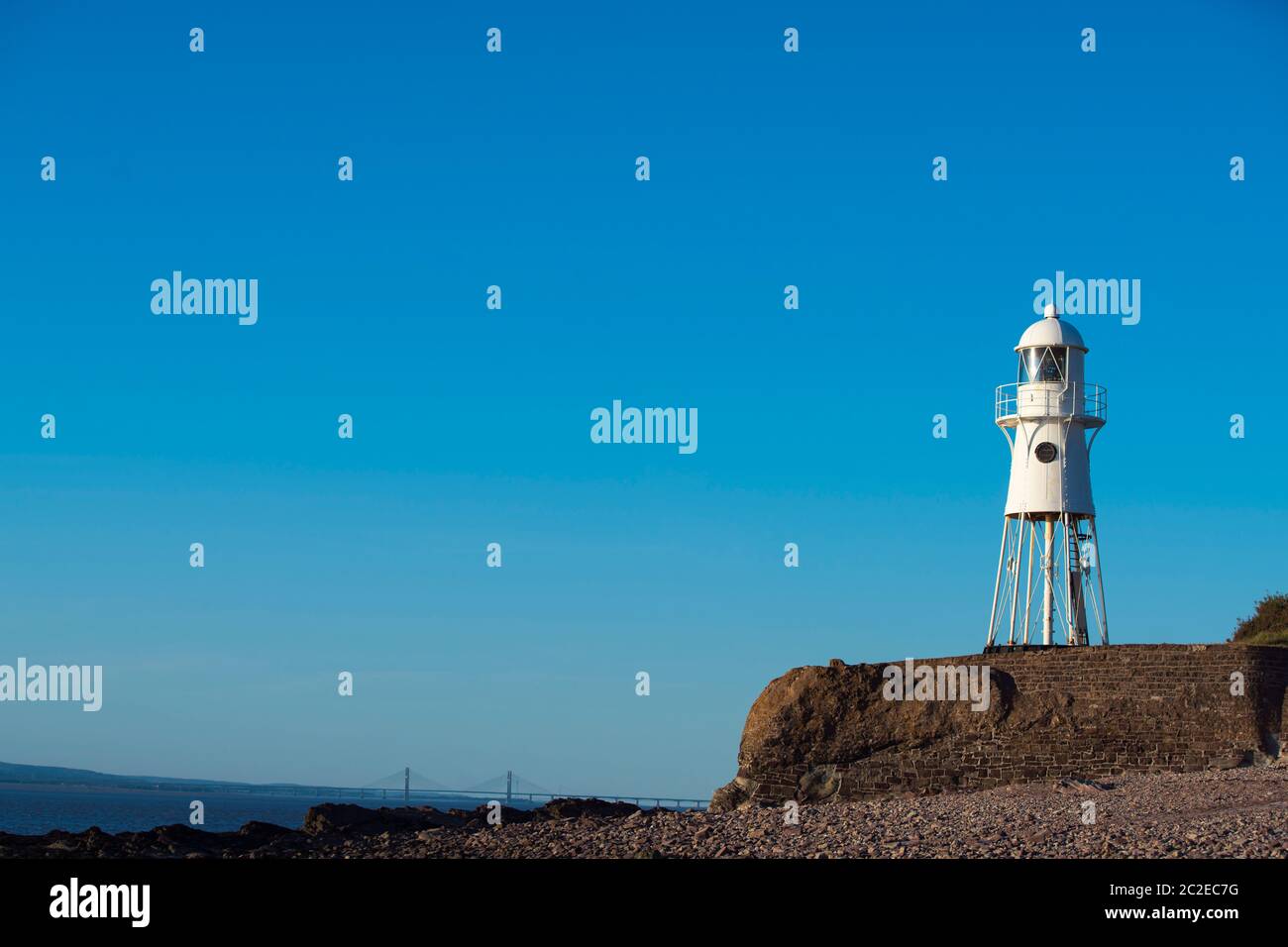 Black Nore Lighthouse in Portishead, Somerset, UK, on a sunny clear day ...