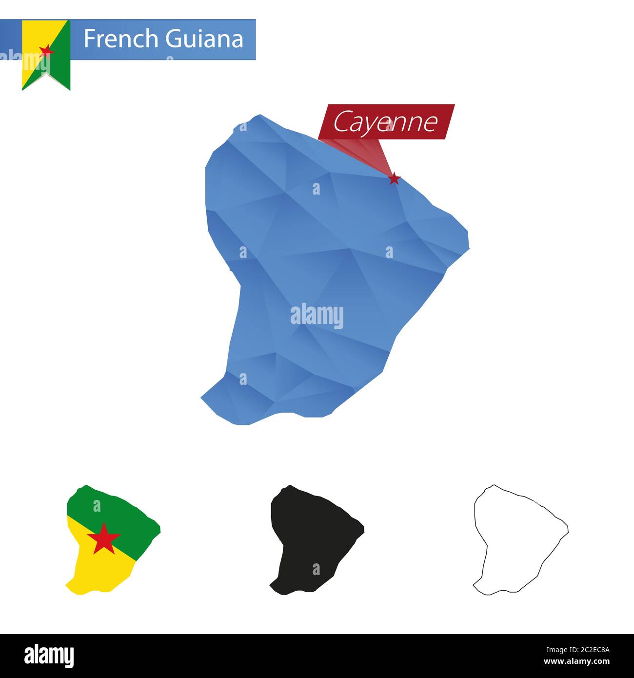French Guiana blue Low Poly map with capital Cayenne, four versions of ...