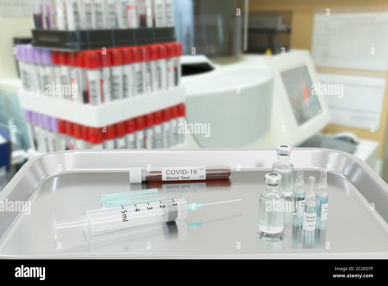 Vaccine and syringe injection with blood sample in laboratory for ...