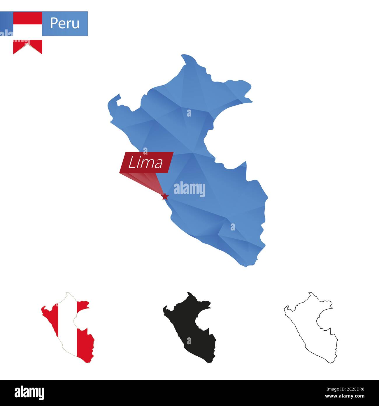 Peru blue Low Poly map with capital Lima, versions with flag, black and ...