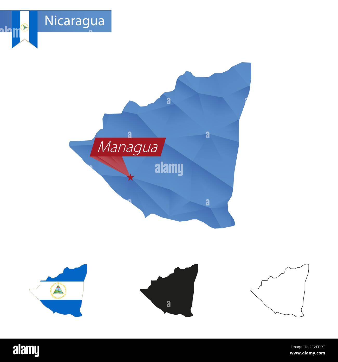 Nicaragua blue Low Poly map with capital Managua, versions with flag ...
