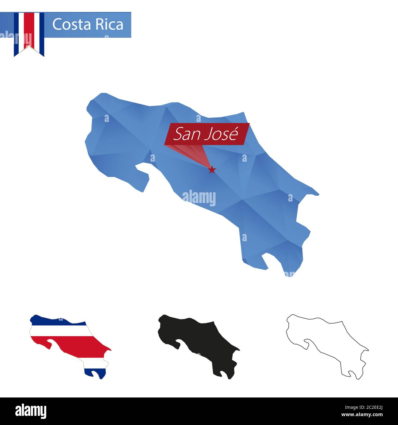 Costa Rica blue Low Poly map with capital San Jose, four versions of ...