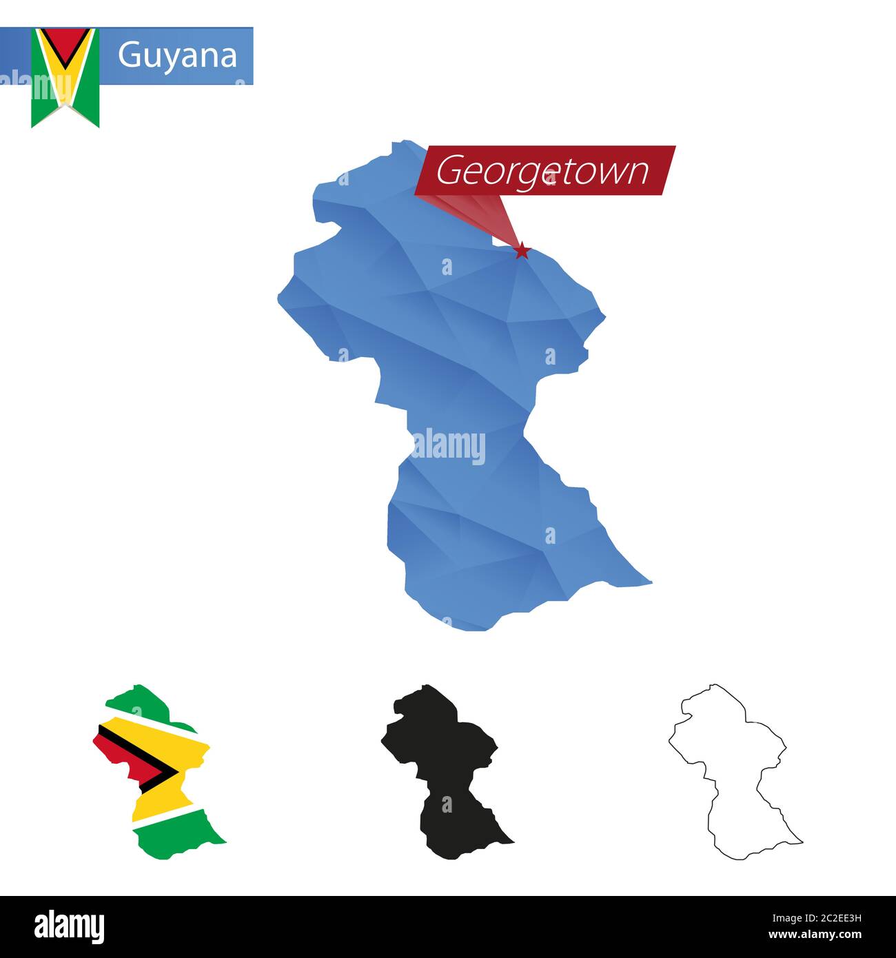 Guyana blue Low Poly map with capital Georgetown, four versions of map ...