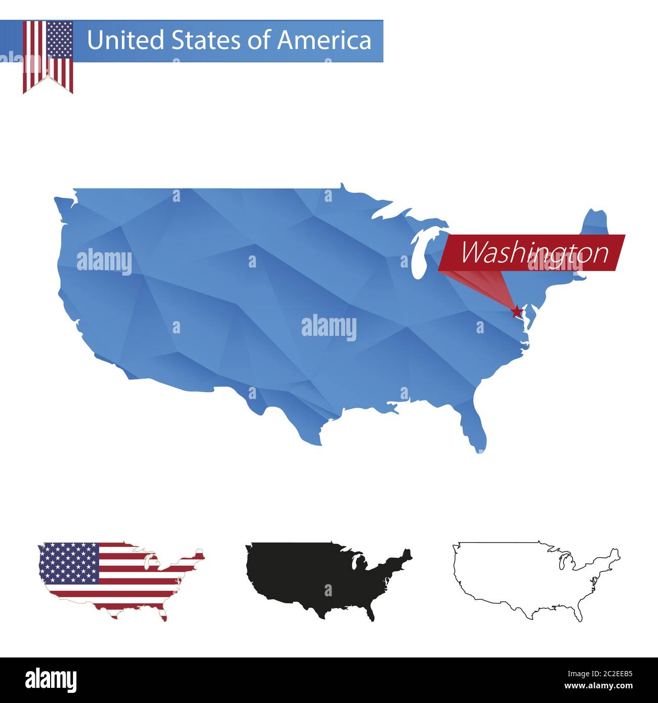 USA blue Low Poly map with capital Washington, versions with flag ...