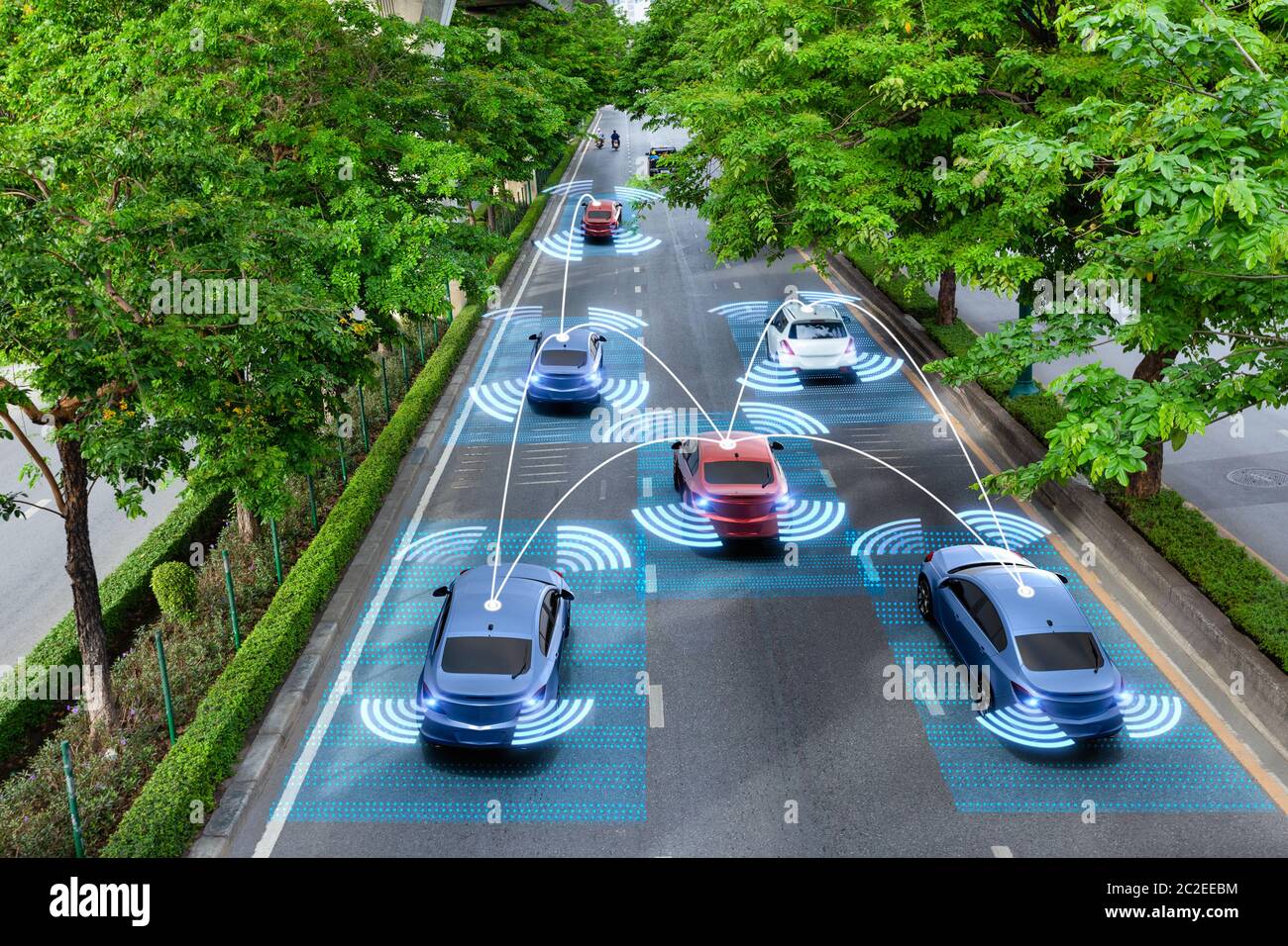 Smart cars with automatic sensor driving on green road with wireless ...
