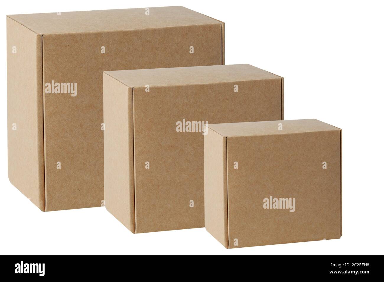 Cardboard boxes of various sizes are arranged in a row diagonally ...