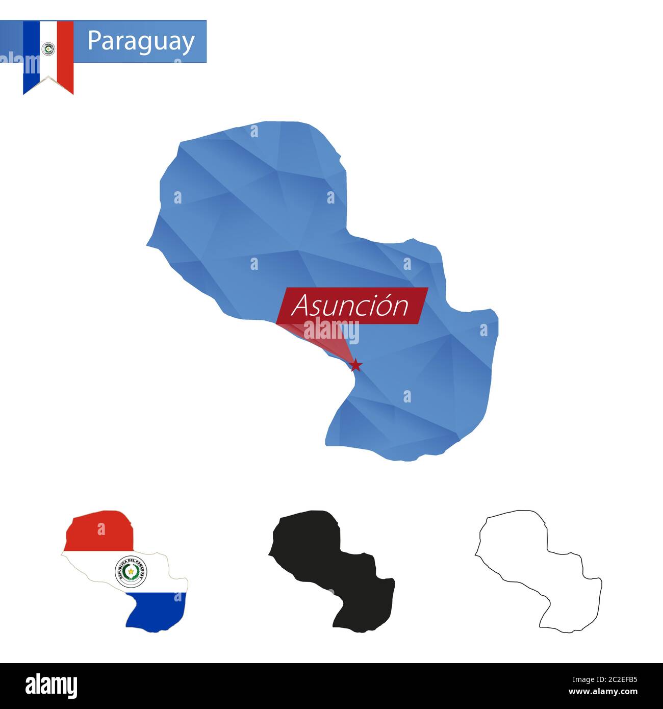 Paraguay blue Low Poly map with capital Asuncion, four versions of map ...