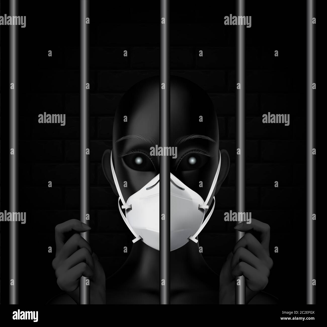Prisoner in medical facial mask behind prison bars. 3D illustration ...