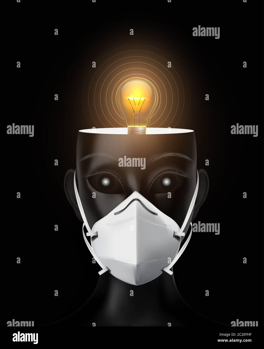 Realistic human open head in facial medical mask with switched on bulb ...