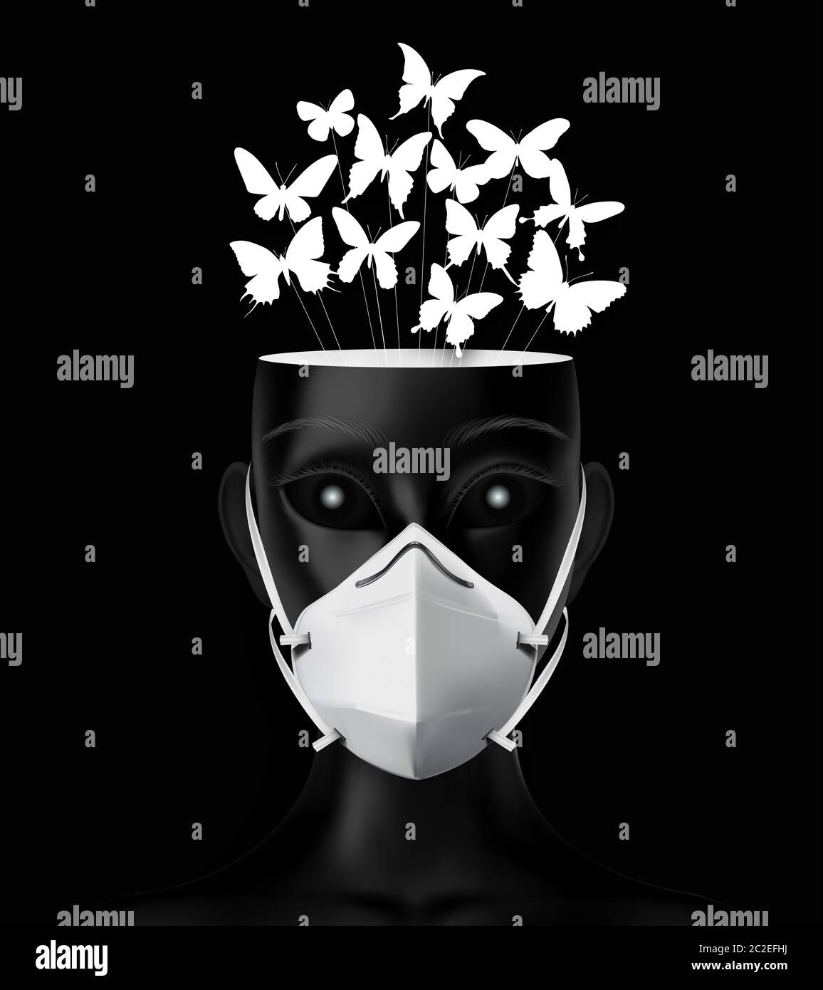 Realistic human open head in facial medical mask with flying ...