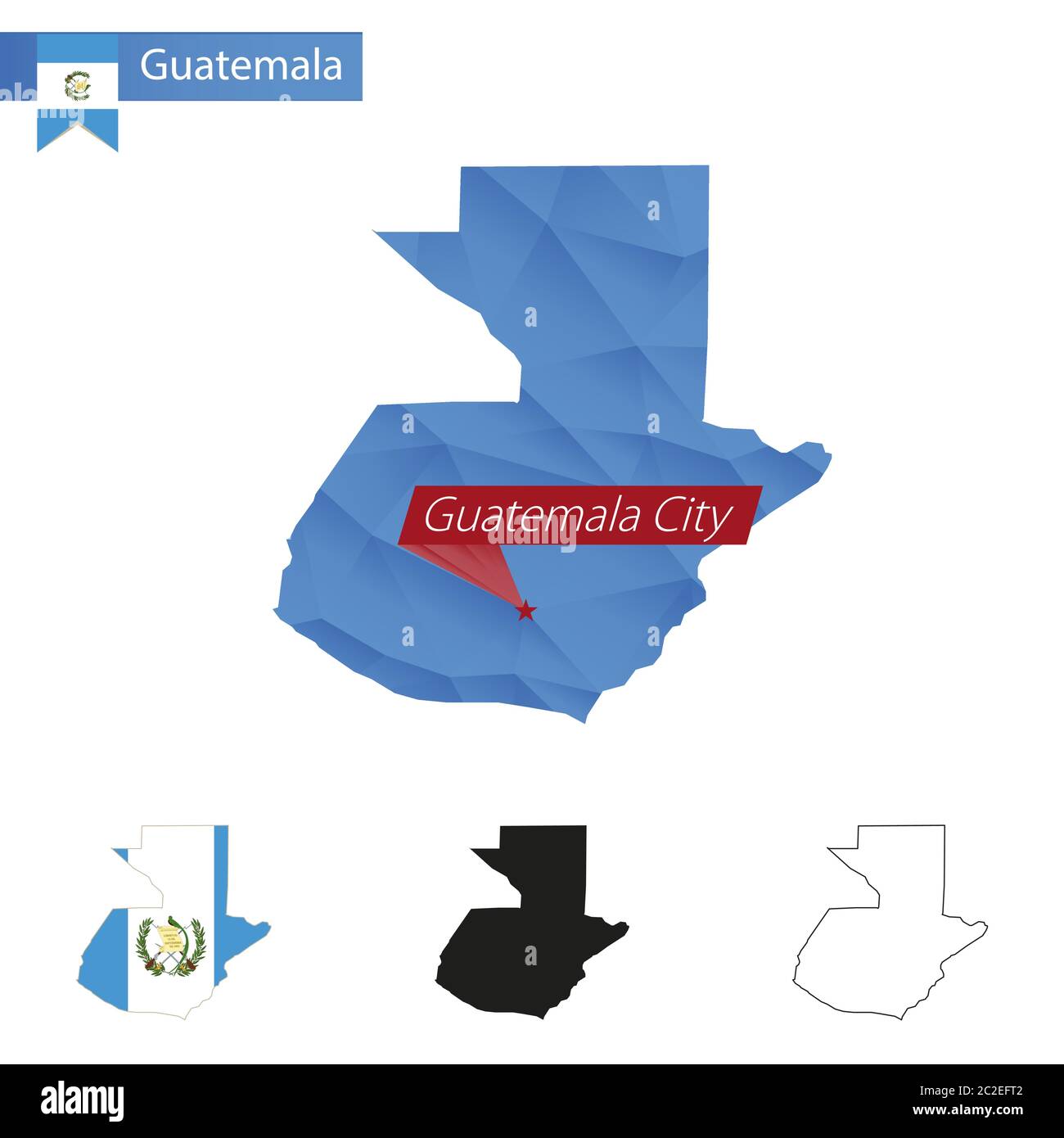 Guatemala blue Low Poly map with capital Guatemala City, versions with ...