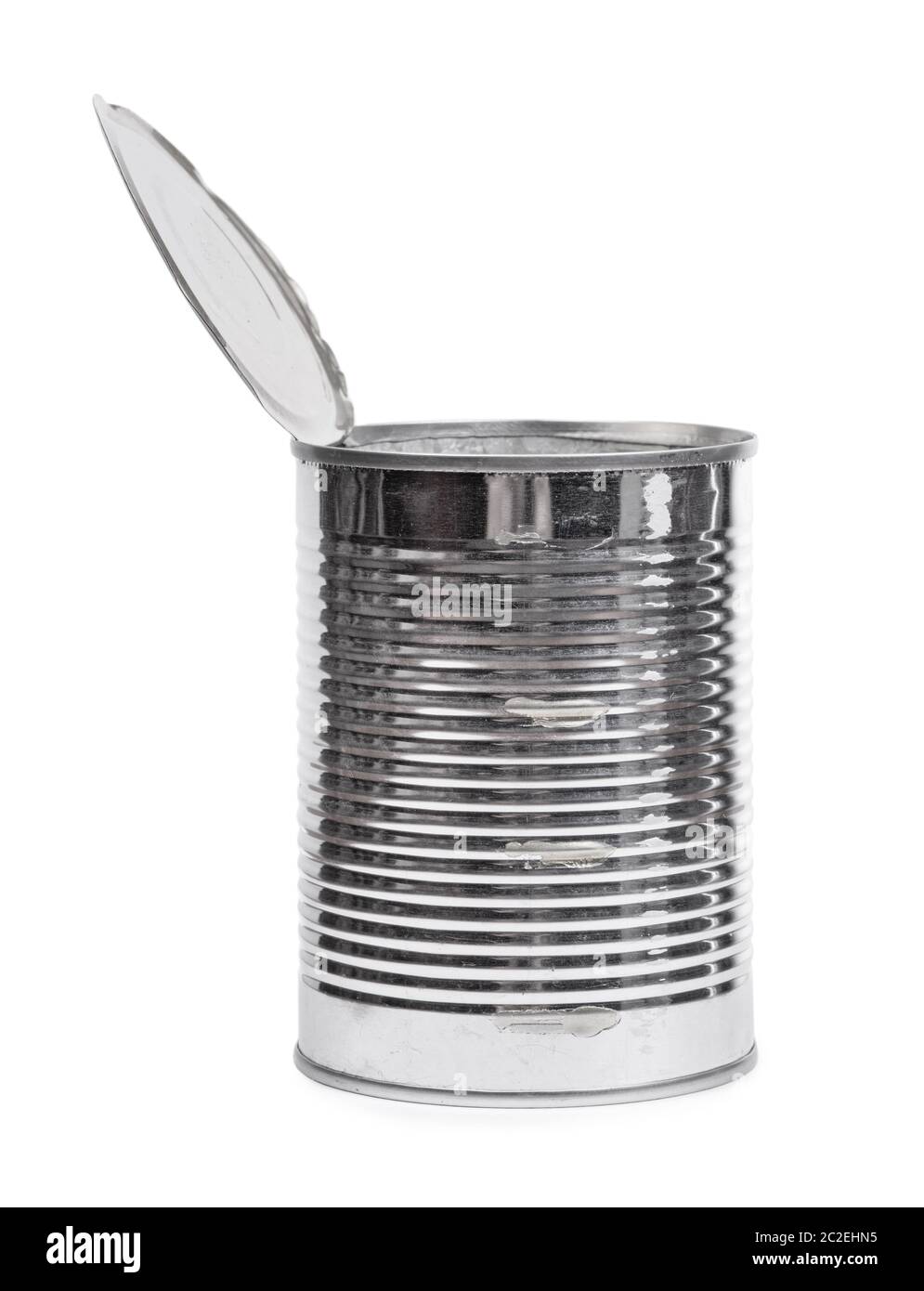 Empty open tin can isolated over white background Stock Photo - Alamy