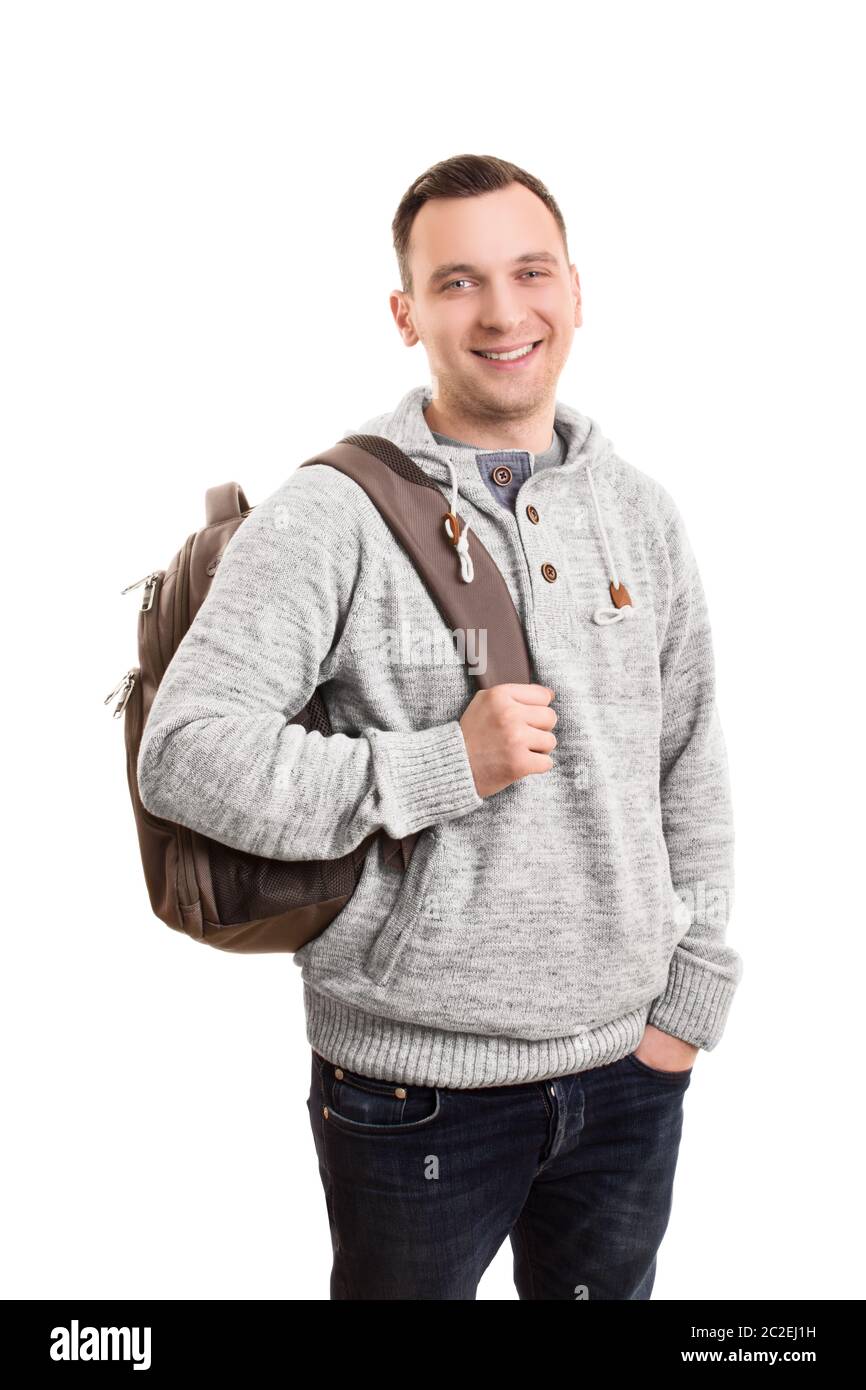 A portrait of a young male student with a backpack, isolated on white ...