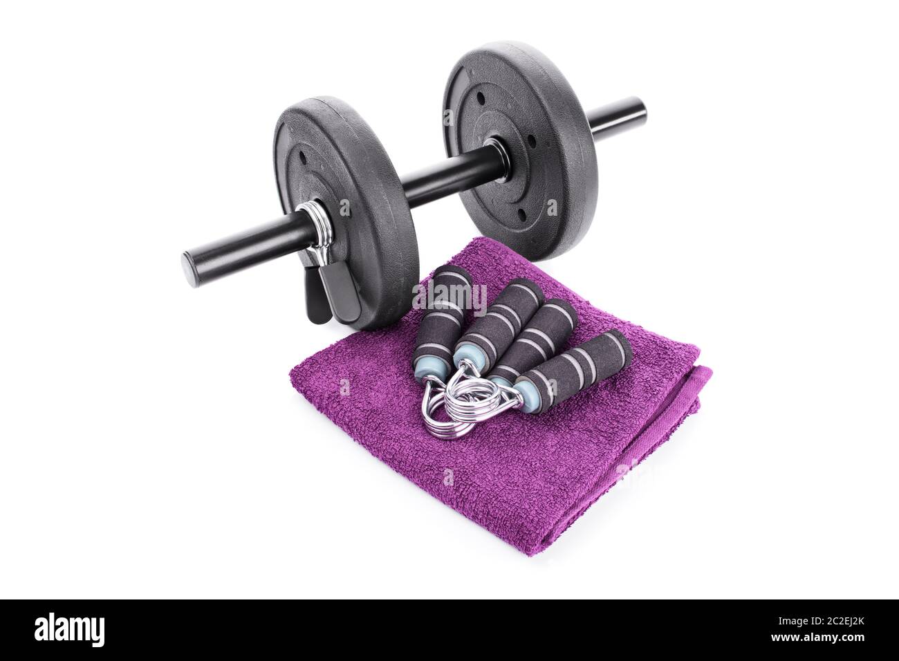 Dumbbell, hand grips and a towel, isolated on white background Stock ...