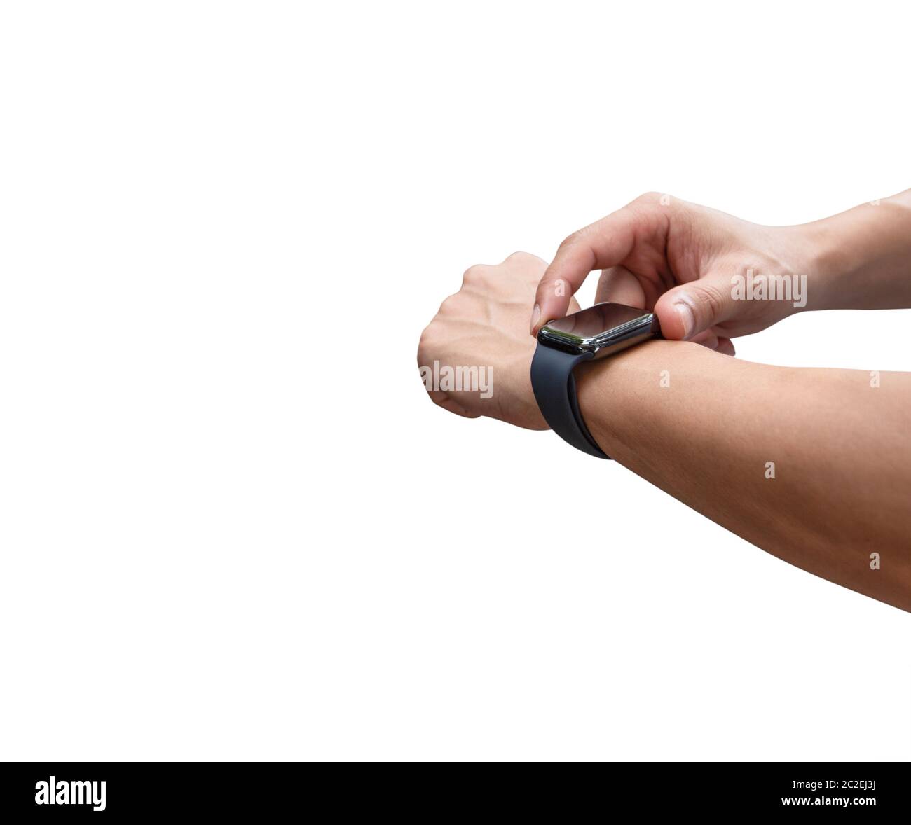 Hand using black smart watch isolated on white background with clipping ...