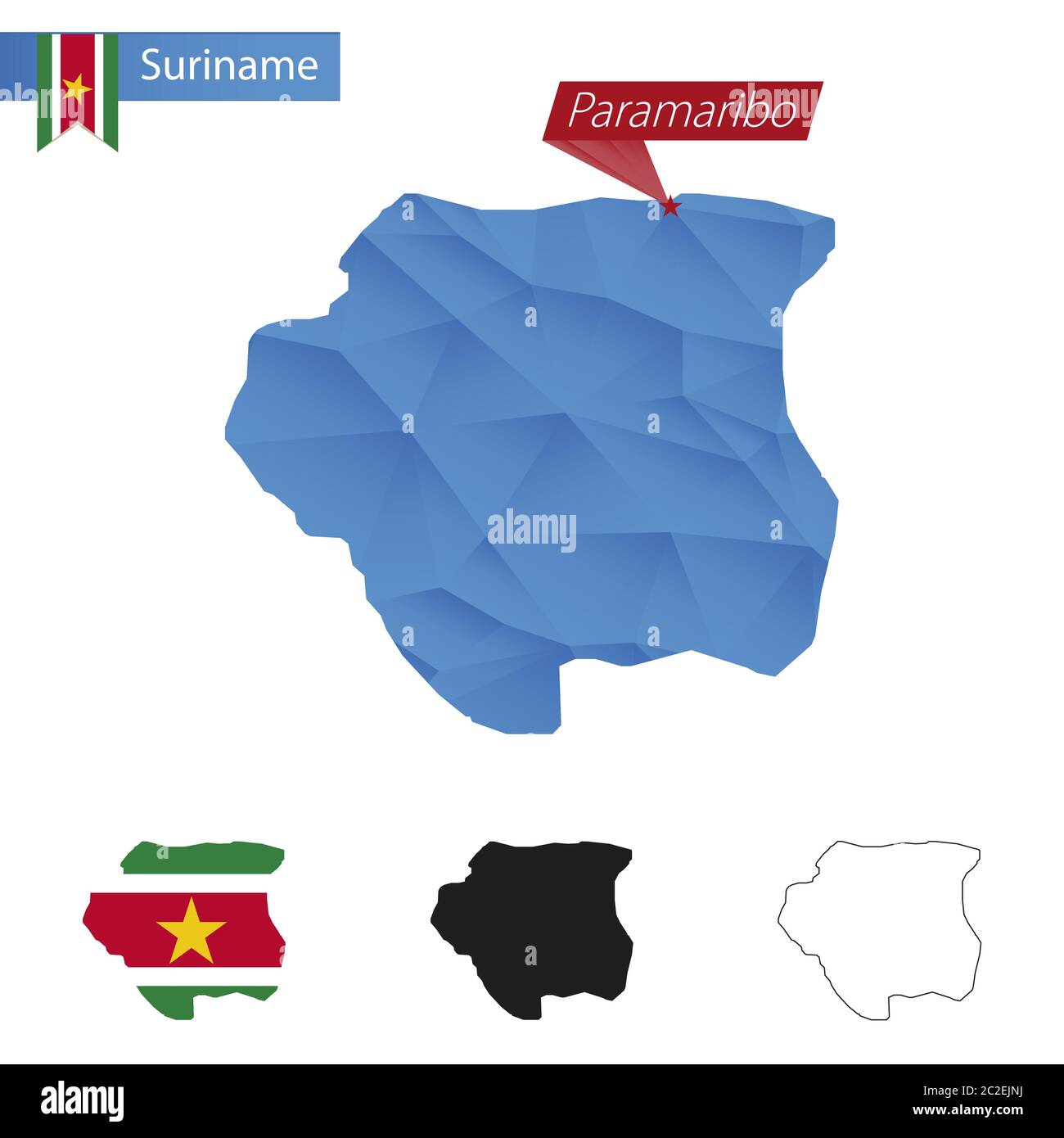 Suriname blue Low Poly map with capital Paramaribo, four versions of map. Vector Illustration ...