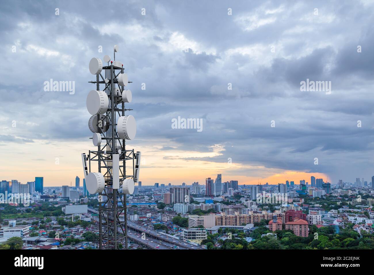 Telecommunication tower with 5G cellular network antenna on city ...