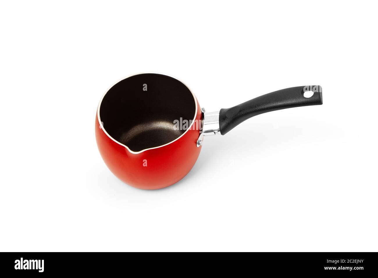 Empty Non-stick red Cooking Pot or Saucepan hat with a long handle ...