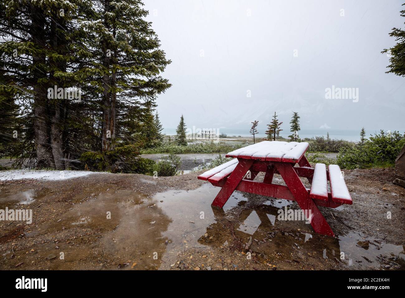 Table and Chair in Banff National Park at Lake Bow Stock Photo - Alamy