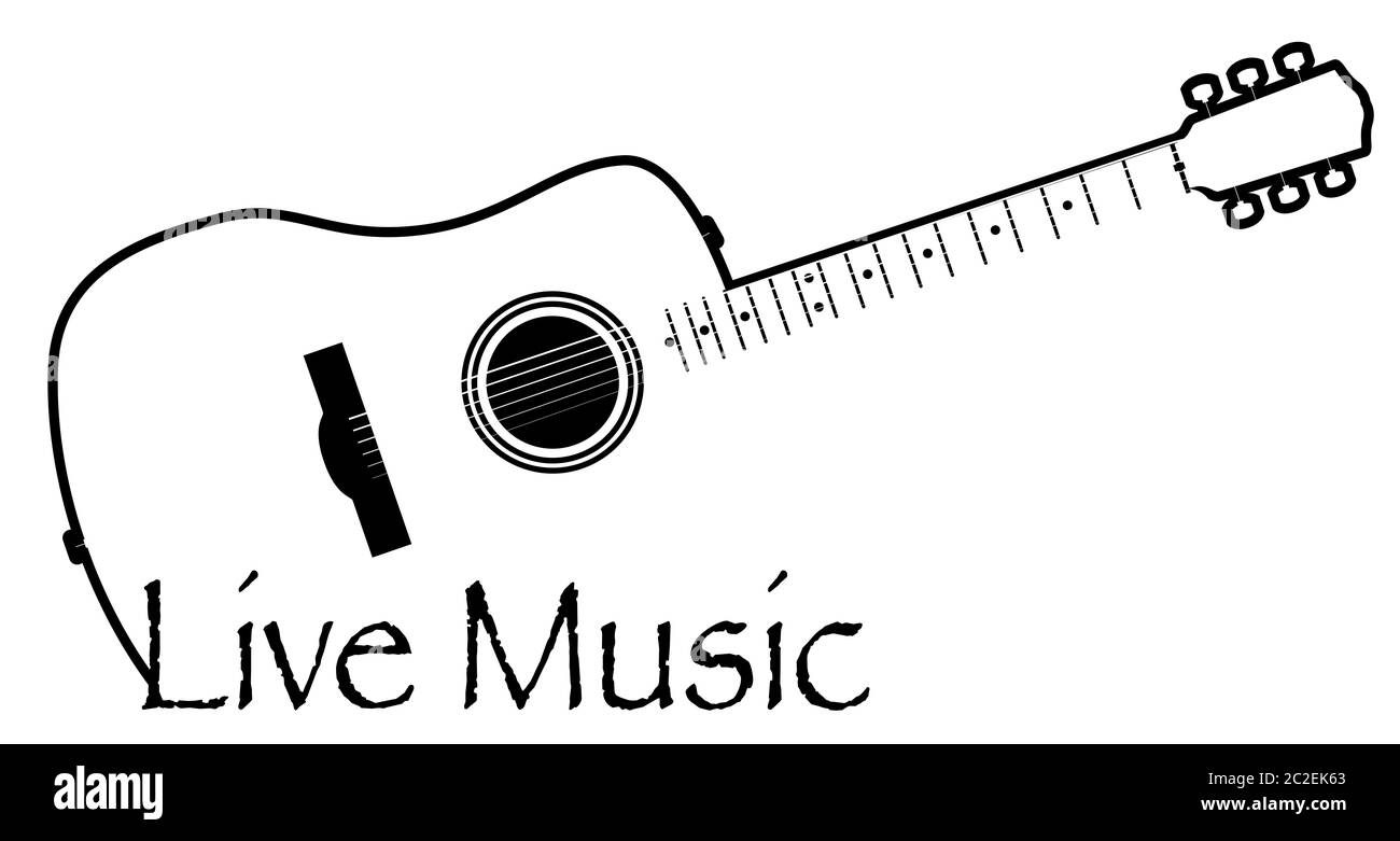 A typical acoustic guitar with live music text isolated over a white ...