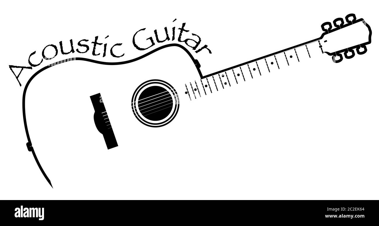 A typical acoustic guitar with text isolated over a white background ...