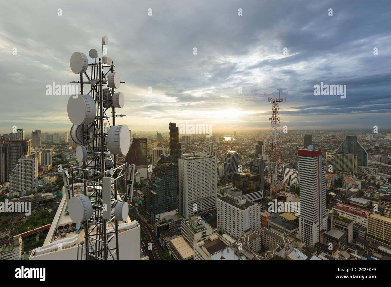 Telecommunication tower with 5G cellular network antenna on city ...