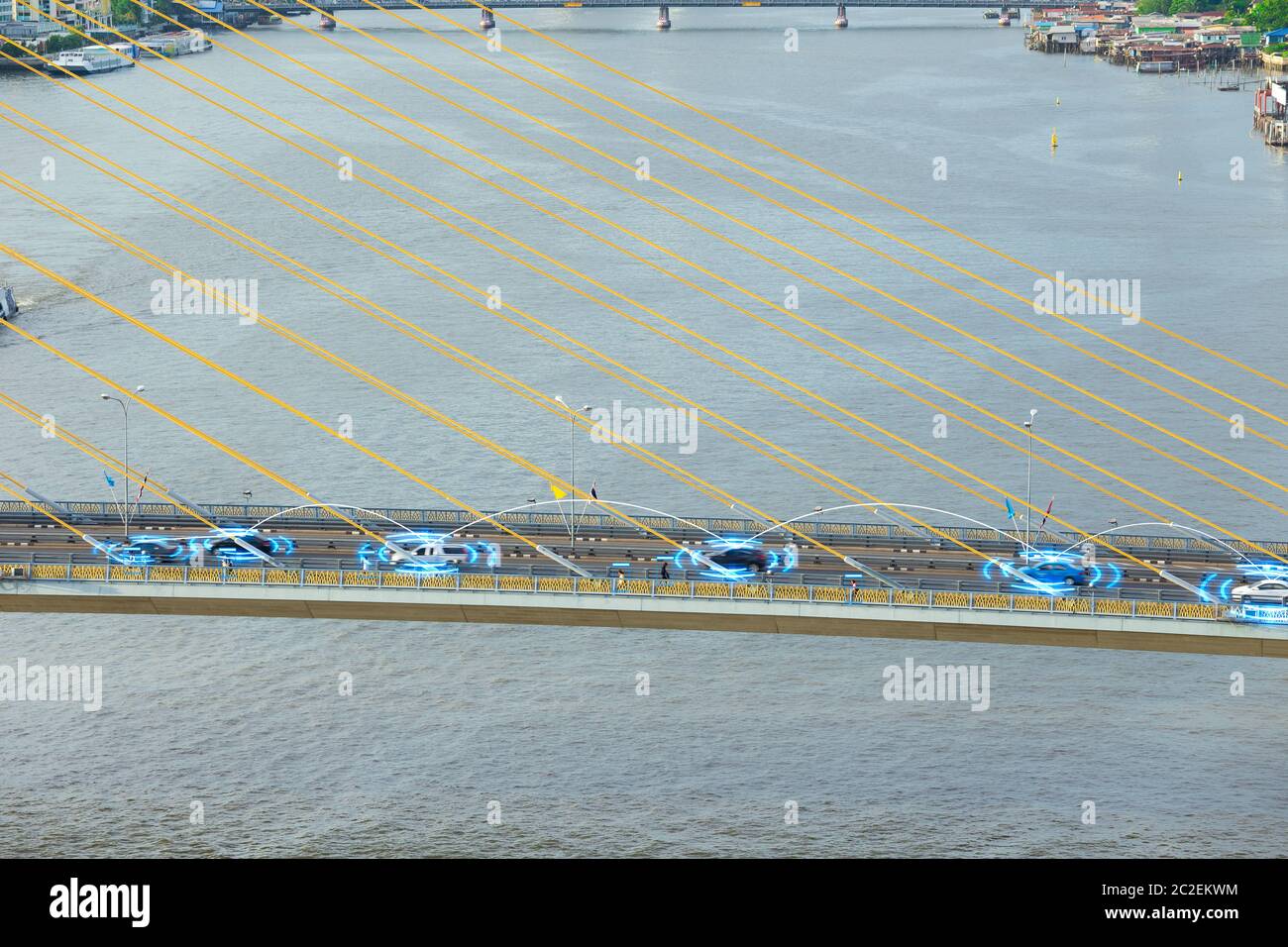 Smart cars with automatic sensor driving on bridge of metropolis with ...