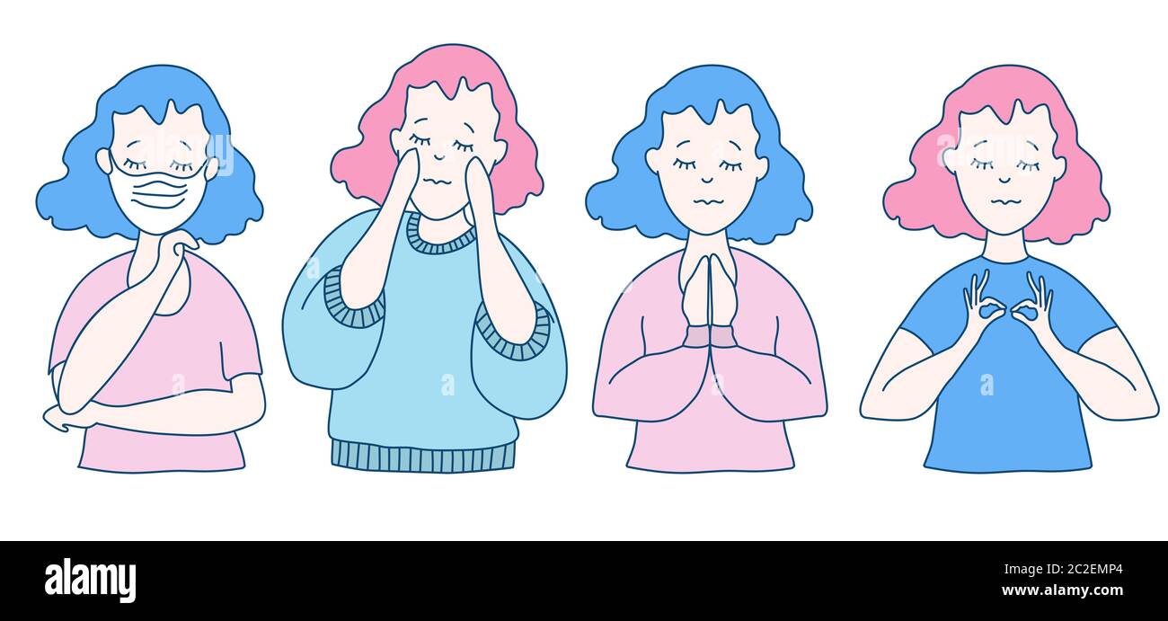 Set of cute vector people with closed eyes. Women in different dresses ...
