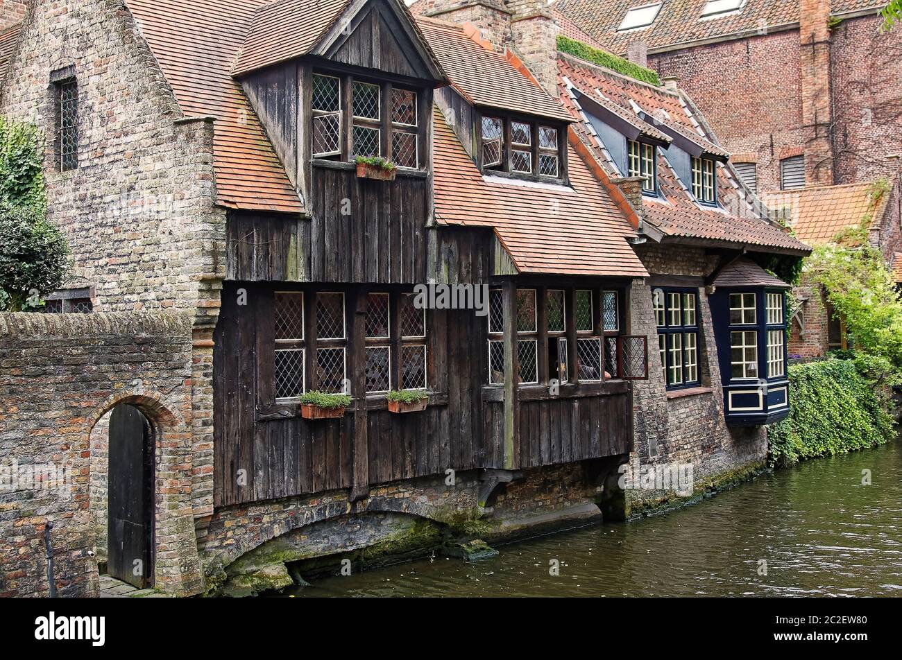 buildings along canal, Flemish architecture, medieval, old, brick, tile ...