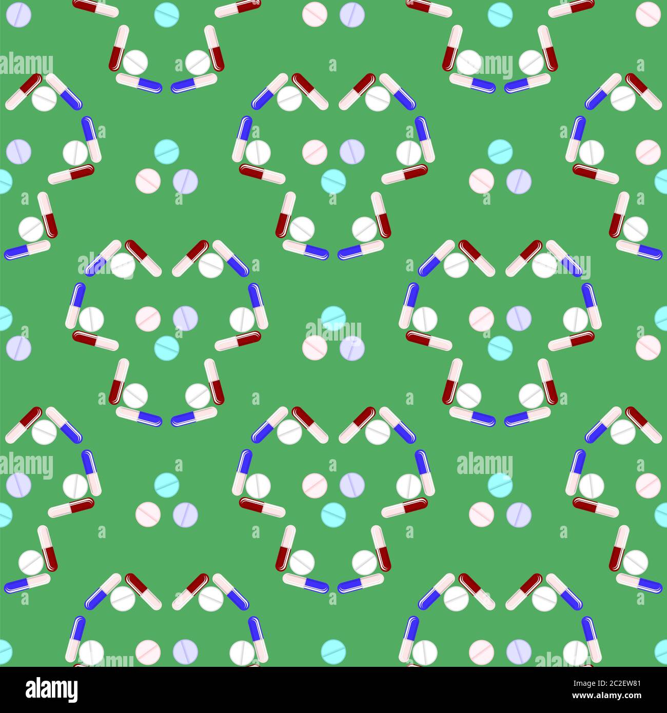 Colorful Pills Seamless Pattern Isolated on Green Background. Medical ...