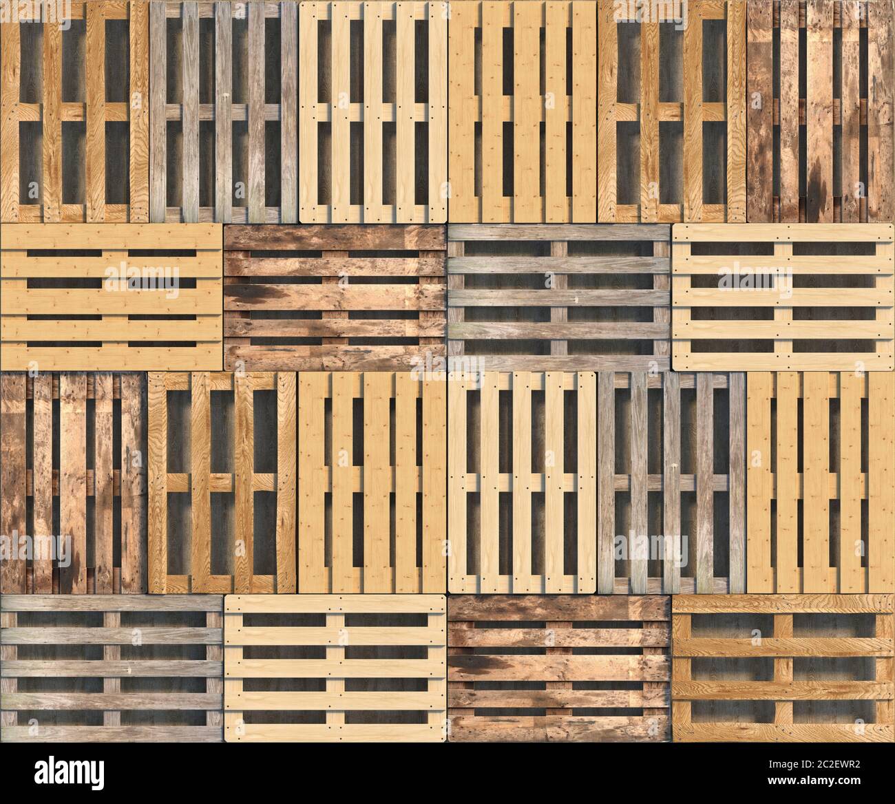 Wooden pallets of different colors and shapes lie in a row in a top ...
