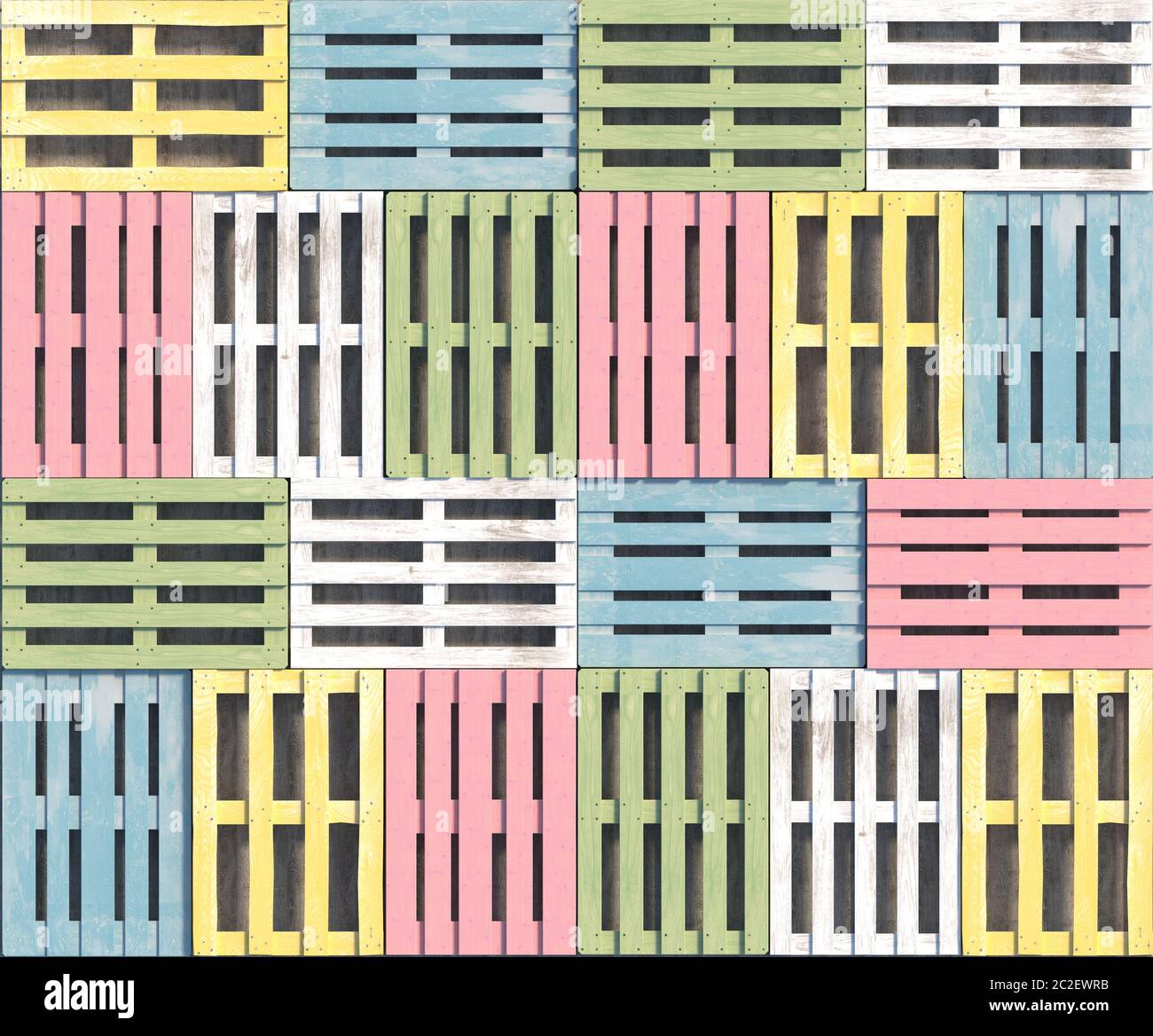 Wooden pallets of different pastel colors and shapes lie in a row in a ...