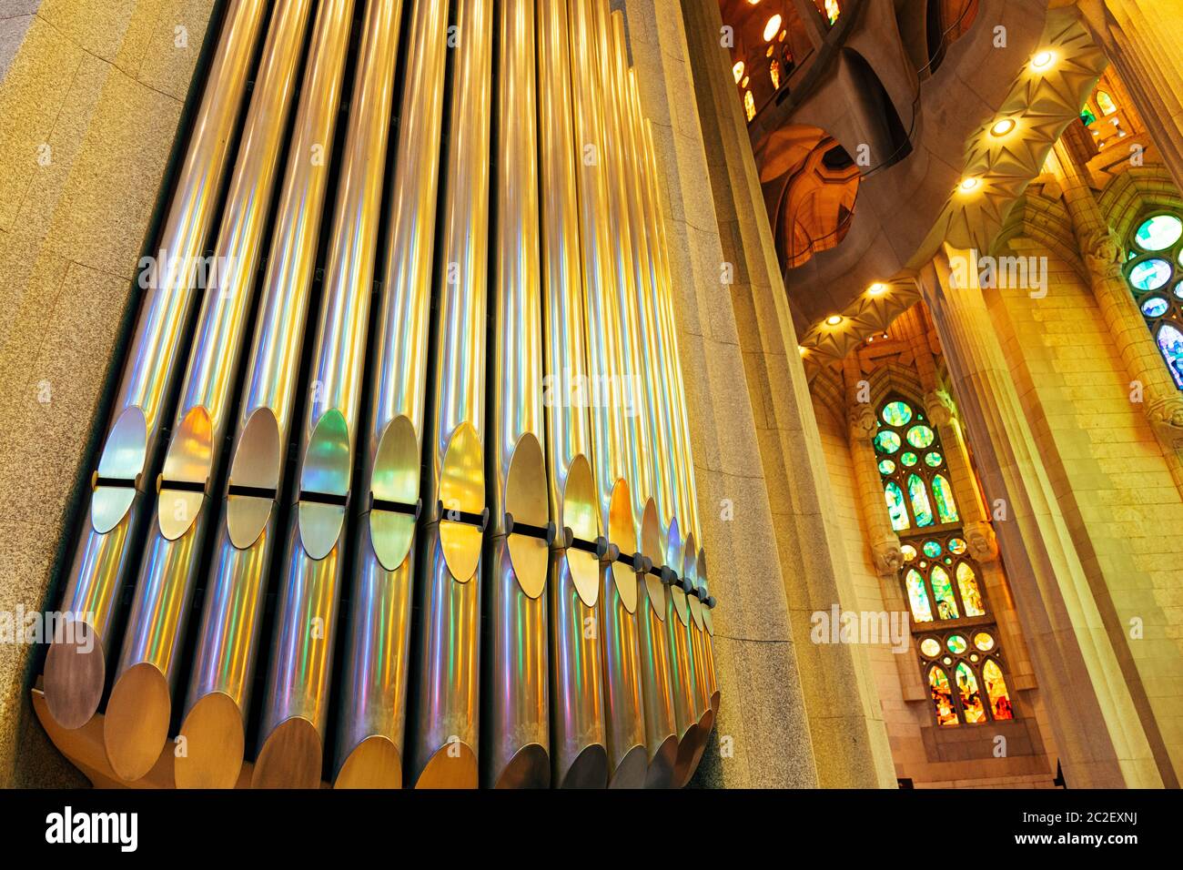 Glossy chrome multicolored organ pipes in Sagrada Familia, Organ ...