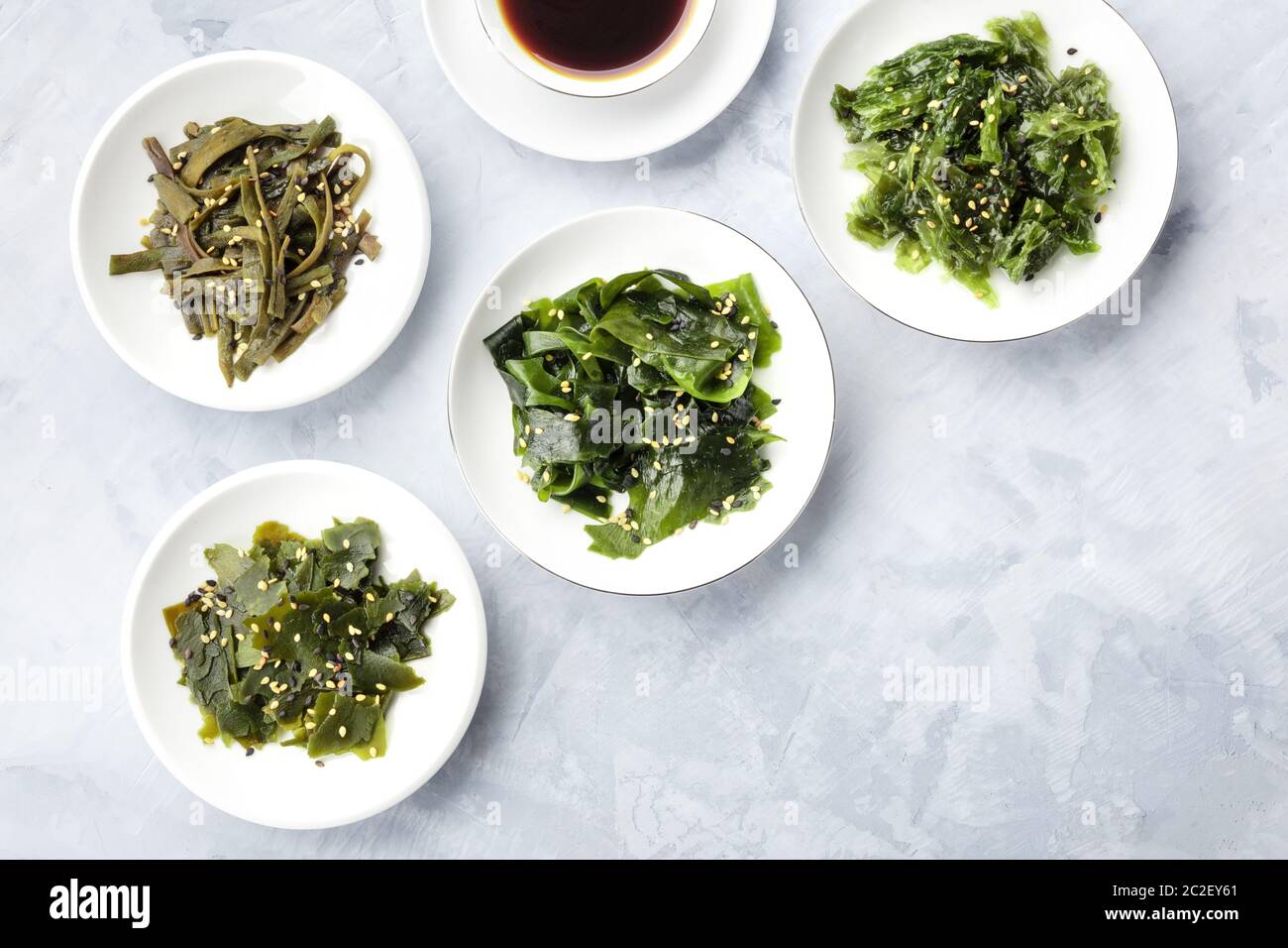 Various seaweed, sea vegetables, shot from the top with a place for ...