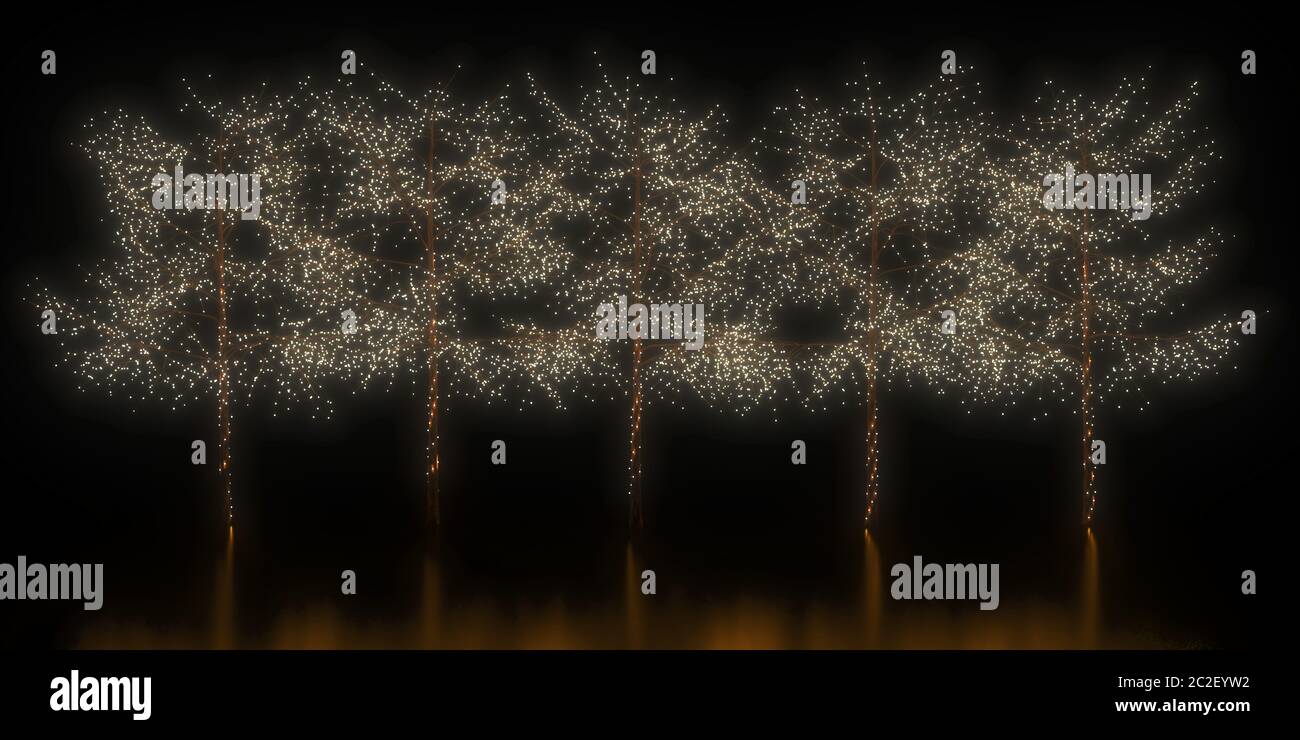 Many trees at night decorated with luminous bulbs is isolated on a ...