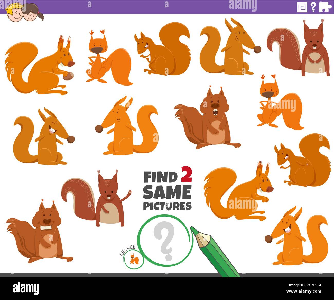 Cartoon Illustration of Finding Two Same Pictures Educational Task for ...