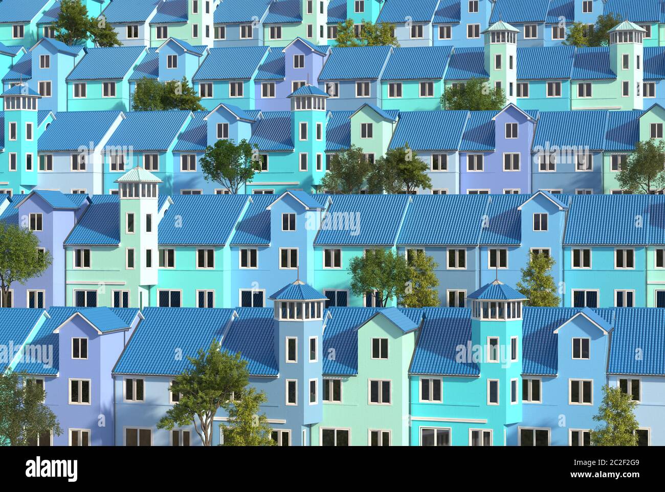 Many low-rise houses with different shades of blue and turquoise stand ...