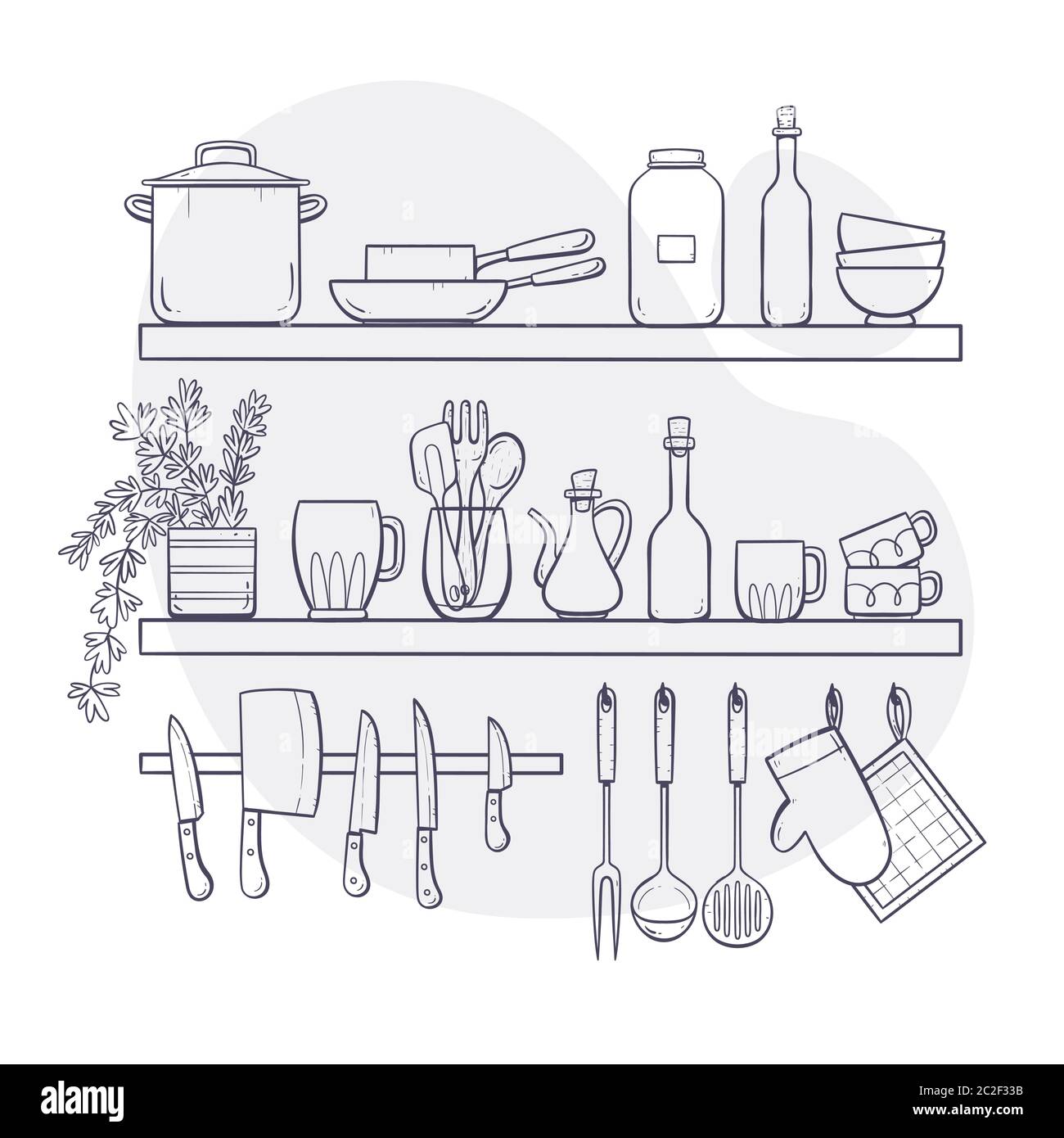 Kitchen supplies on shelves. Two shelves and hangers with bowls ...