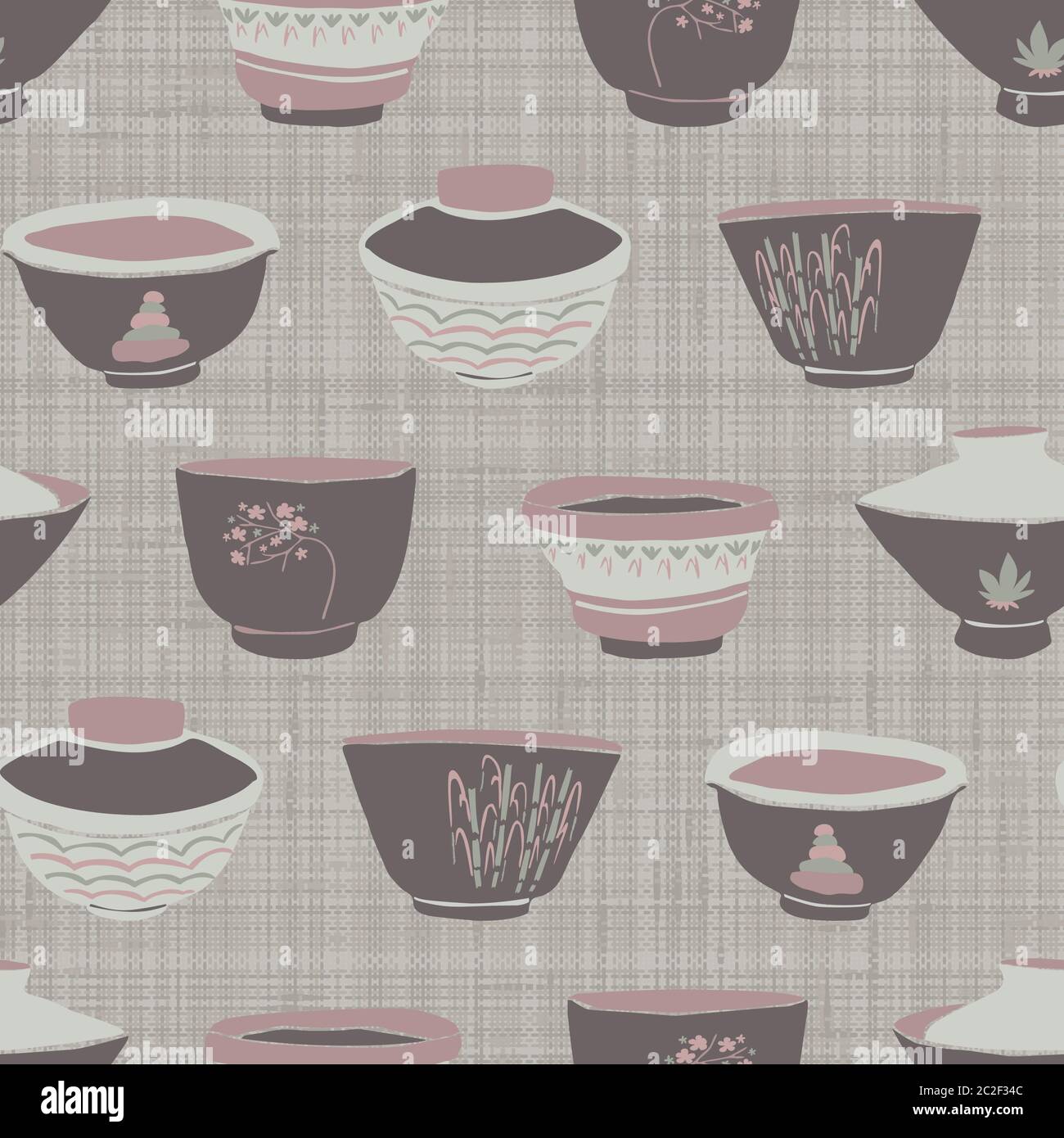 Hand drawn japanese tea bowl seamless pattern. Set of drink bowls in ...