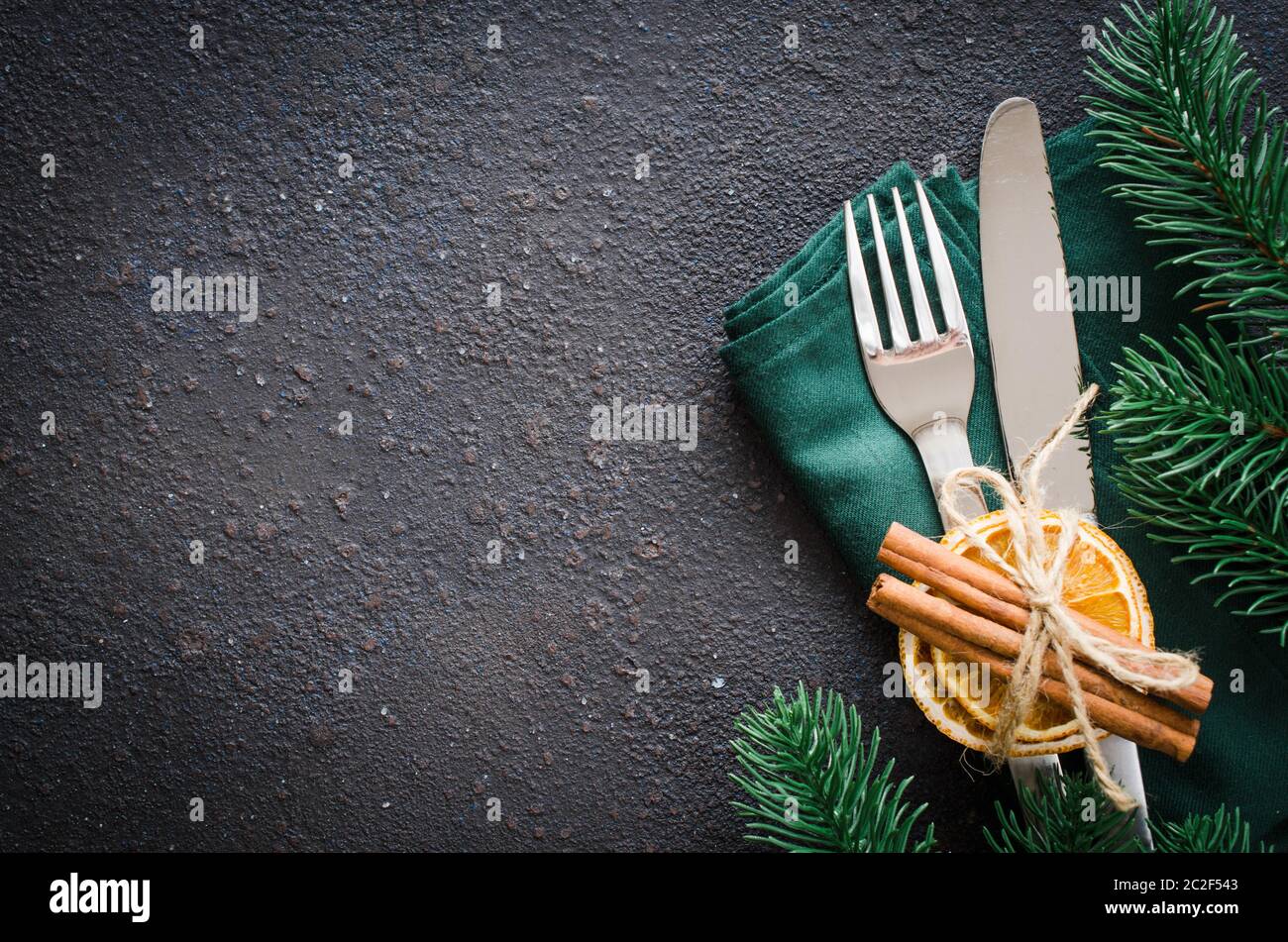 Festive table setting. Winter table set for Christmas or New Year ...