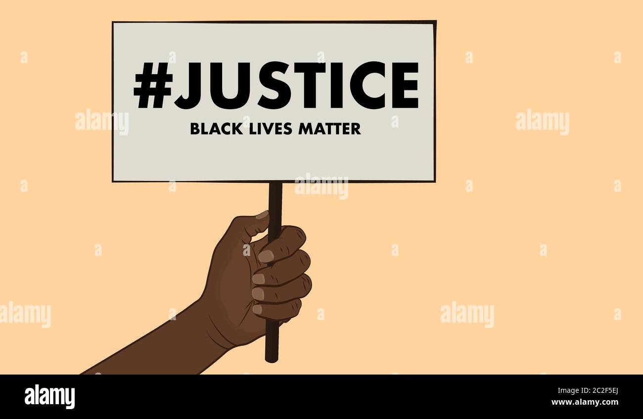 hashtag justice written on a gray sign held by a black man on a tan ...