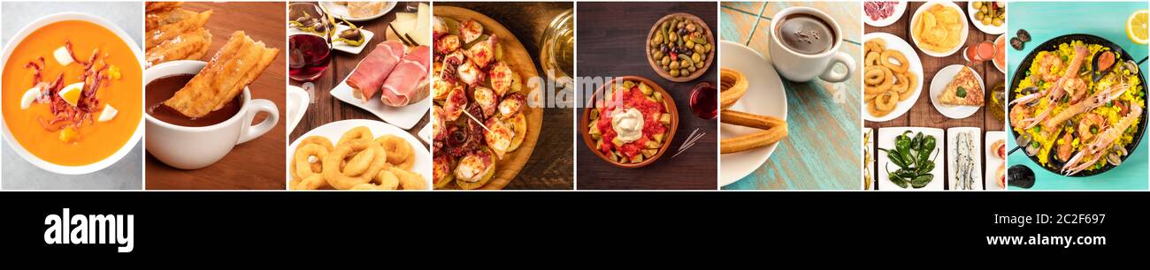 Spanish Cuisine food Collage. A panorama of various dishes, paella ...