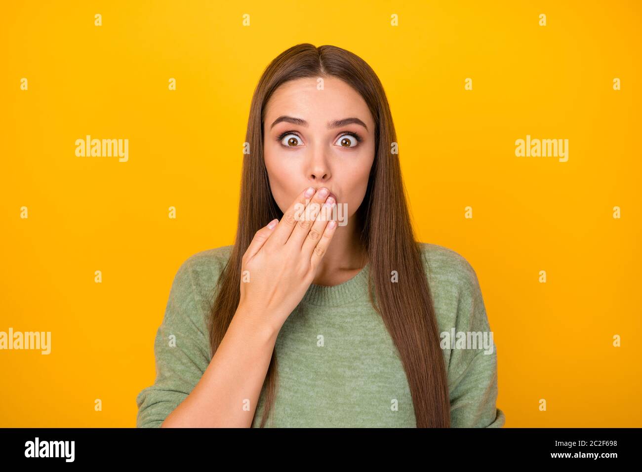 Portrait of shocked girl share secret she promise her friend dont say ...