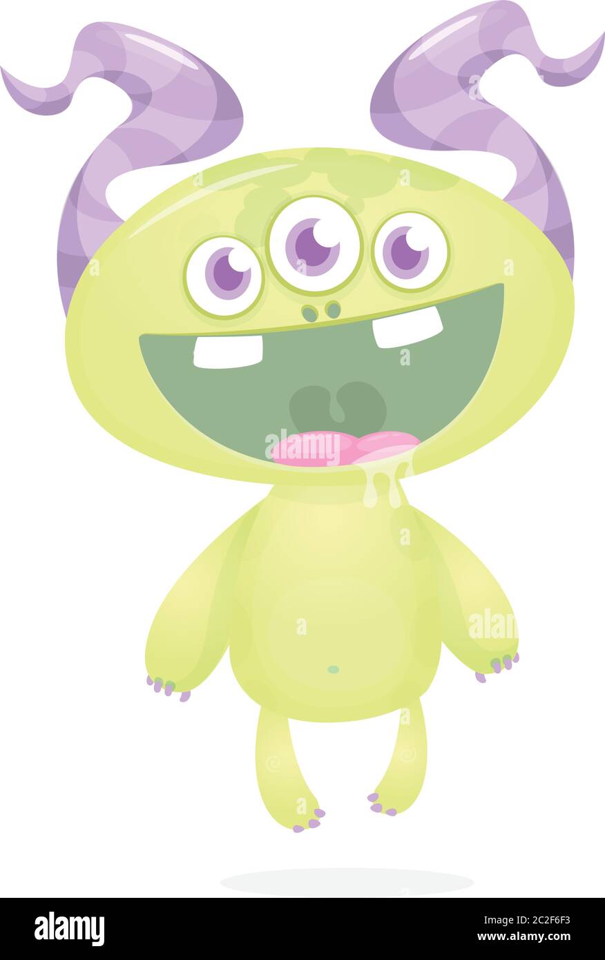 Happy and cute excited monster with three eyes dancing. Halloween ...
