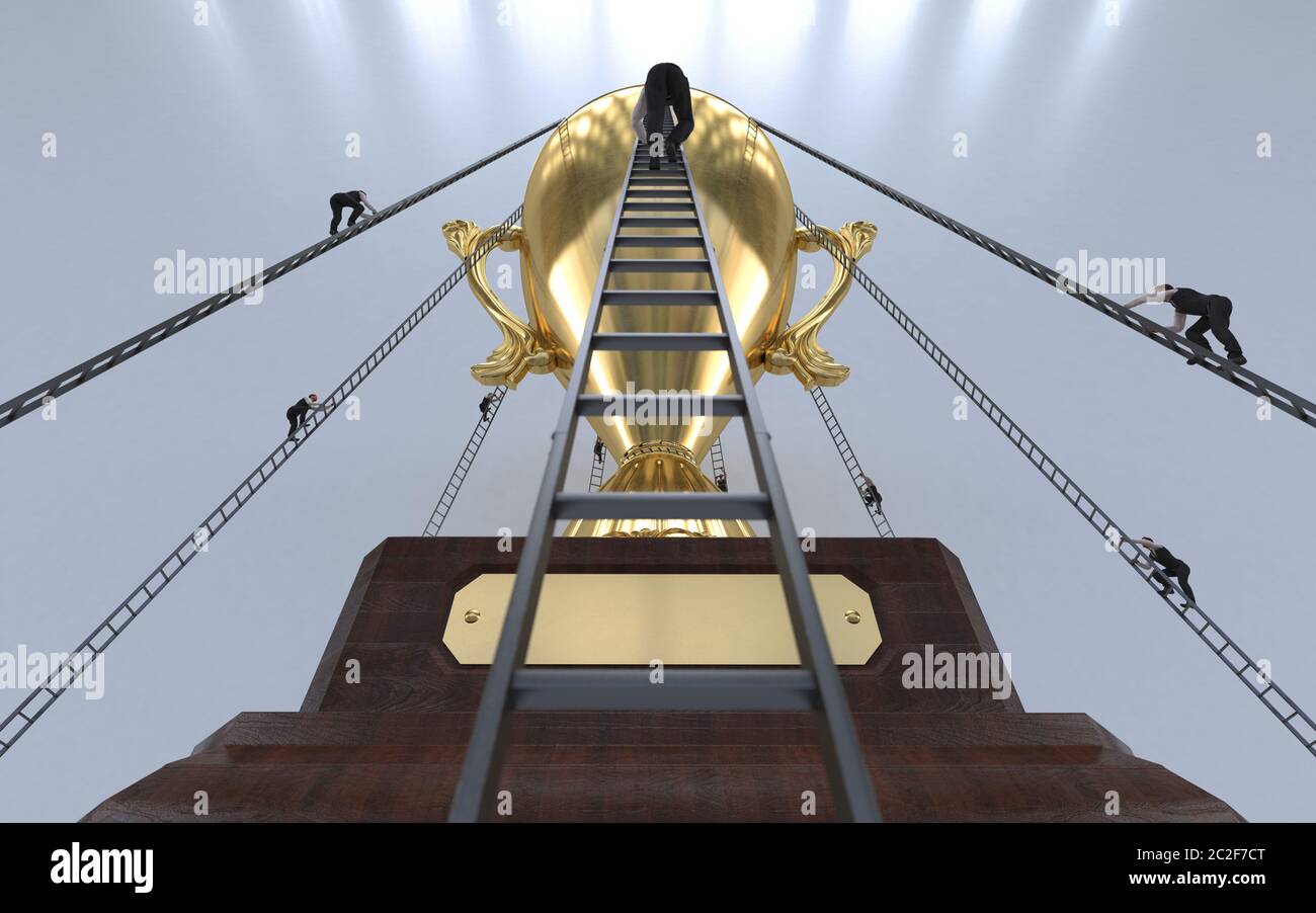 Men climb up the step ladder leading to the big award cup. Competition ...
