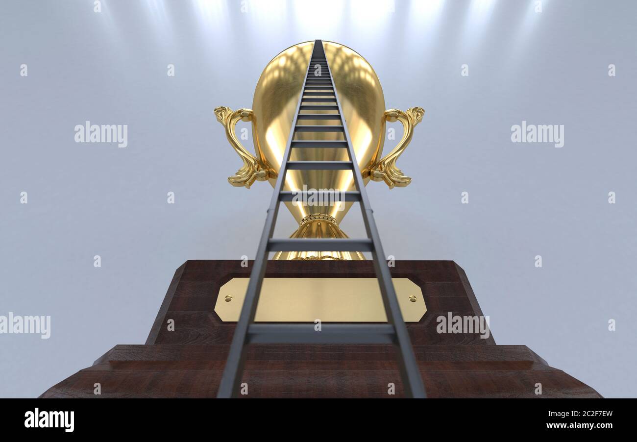 Step ladder leading to the big award cup. Hard way to success ...