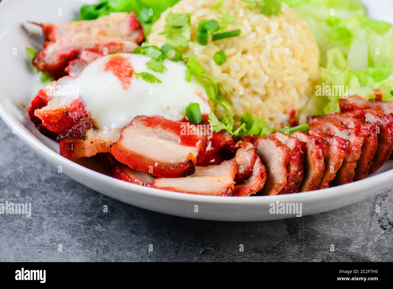 Barbecued red pork and crispy pork in red sauce, served with rice and ...
