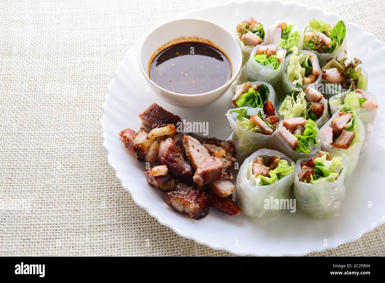 Fresh assorted Asian spring rolls with grilled pork, fresh vegetable ...